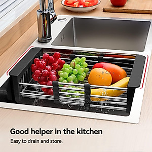 Over The Sink Dish Drying Rack, Retractable Stainless Steel Sink Strainer Telescopic Drain Basket Kitchen Rack Drain Basket Sink Organizer for Vegetable and Fruit(L-Black)