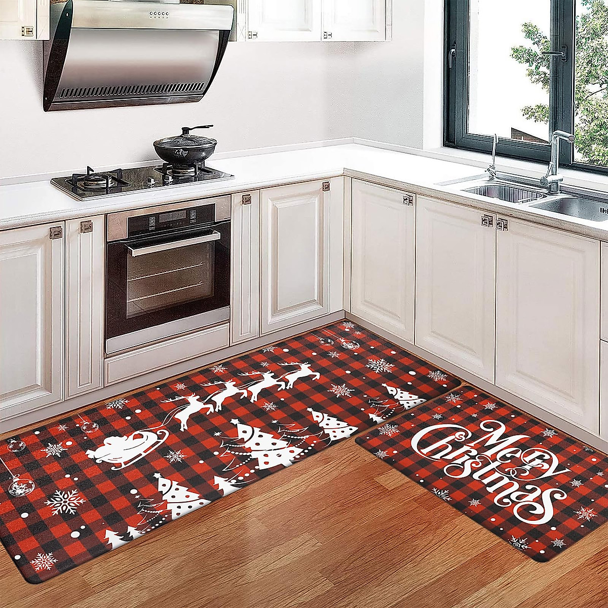 Bsmathom Christmas Anti Fatigue Kitchen Mat Set of 2, Waterproof Non-Slip Kitchen Mats and Rugs, Cushioned Buffalo Plaid Kitchen Rugs Comfort Floor Mat for Kitchen, Floor,Office, Sink, Laundry