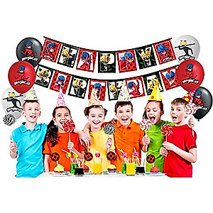 Vision Licensed Miraculous Party Supplies Ladybug Balloons 25 Pcs & Happy Birthday Banner Set For Miraculous Theme Birthday Kids Party