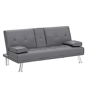Space-Saving Design: Convertible Futon Sofa Bed, Versatile Comfort - Sturdy Build Modern Faux Leather Futon Couch - Low-Maintenance Upholstery - Customizable Positions - Easy Assembly - Gray