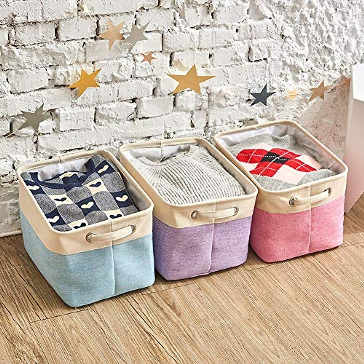 EZOWare Set of 3 Large Canvas Fabric Tweed Storage Organizer Cube Set W/Handles for Nursery Kids Toddlers Home and Office - 15 L x 10.5 W x 9.4 H -Mixed Crème