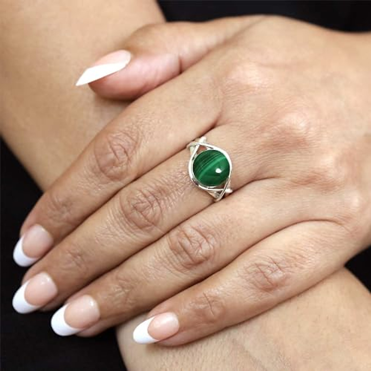JEWELOPORIUM 925 Silver Ring for Women Green Genuine Malachite Stone Boho Silver Ring Size 8.5 Thanksgiving Gift Statement Jewelry