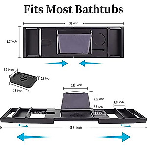 Luxury Bamboo Bathtub Caddy Tray, Yongsenina Premium 1 or 2 Person Bath Tray for Tub, Bath Tub Table with Wine Slots and Bath Book Holder Free Soap Dish - Black