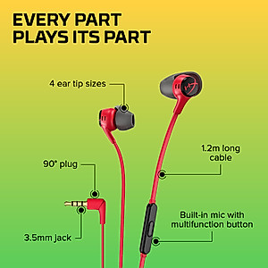 HyperX Cloud Earbuds II – 14mm Drivers, Four Eartips, Hard-Shell Carrying Case, Low-Profile 90° Plug, 3.5mm Plug, Built-in Microphone, Multi-Function Button, PC, Mobile, Nintendo Switch – Red