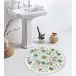 Uphome Small Round Rug 2’ Circle Cute Bath Mat with Pom Poms Fringe Floral Plant Washable Bathroom Rugs Soft Non-Slip Circular Throw Rug Carpet for Shower Sink Powder Room Nursery Bedroom Table