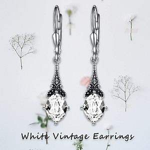 White Crystal Earrings Sterling Silver Vintage Leverback Drop Dangle Earrings with Clear White Crystal, Simulated April Birthstone Earrings Gifts for Women