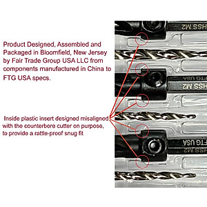 FTG USA Countersink Drill Bit Set for Wood with Tapered Drill Bit 12 Pc #8 (11/64")
