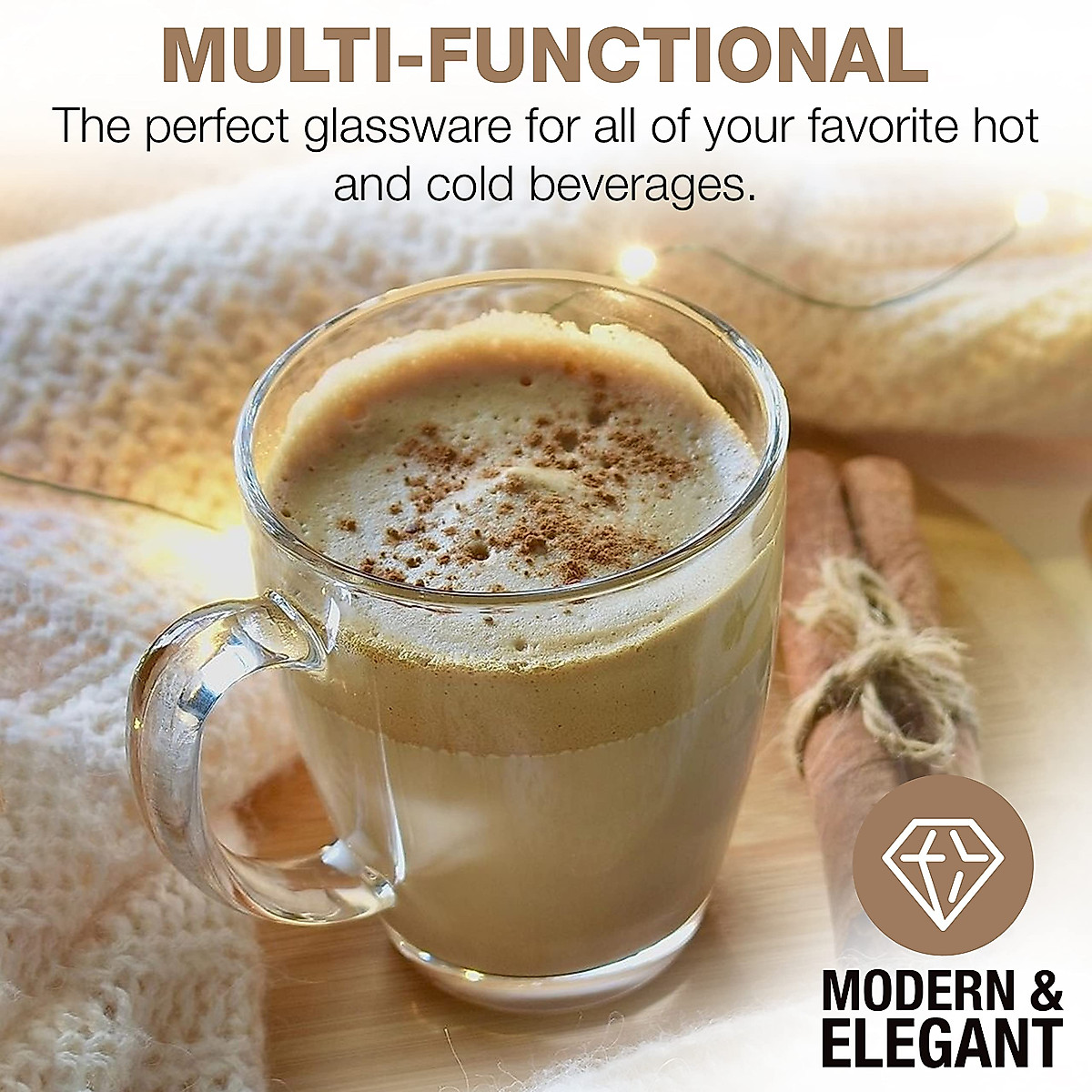 Eparé Clear Glass Coffee Mugs - 12 oz Clear Transparent Tea Cups & Coffee Glasses - Clear Coffee Mugs Set of 2 - Cappuccino Glass Mugs & Cup For Hot Beverages With Handle