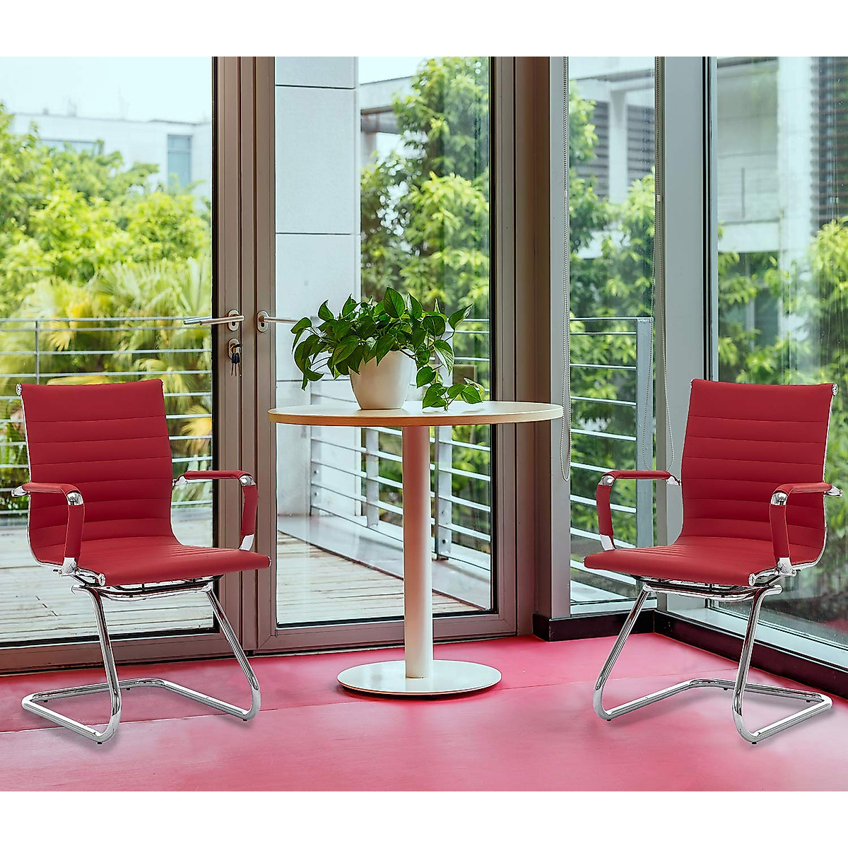 DM Furniture No Wheels Reception Chairs Guest Chair Leather Conference Chairs Back Support Heavy Duty Office Chair, Set of 2 (Deep Red)
