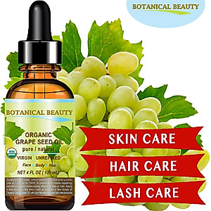 Botanical Beauty Organic GRAPE SEED OIL 100% Pure Natural VIRGIN UNREFINED Cold-Pressed Carrier Oil 1 Fl oz 30 ml for Face, Skin, Body, Hair, Lip, Nails, Massage. Rich in Vitamin E