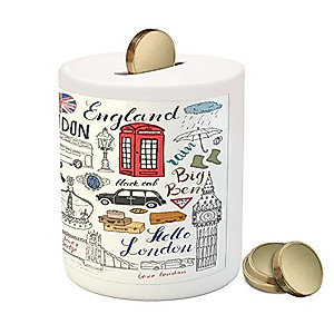Ambesonne Hipster Piggy Bank, I Love London Double Decker Bus Telephone Booth Cab Crown of United Kingdom Big Ben, Ceramic Coin Bank Money Box for Cash Saving, 3.6" X 3.2", Red Blue
