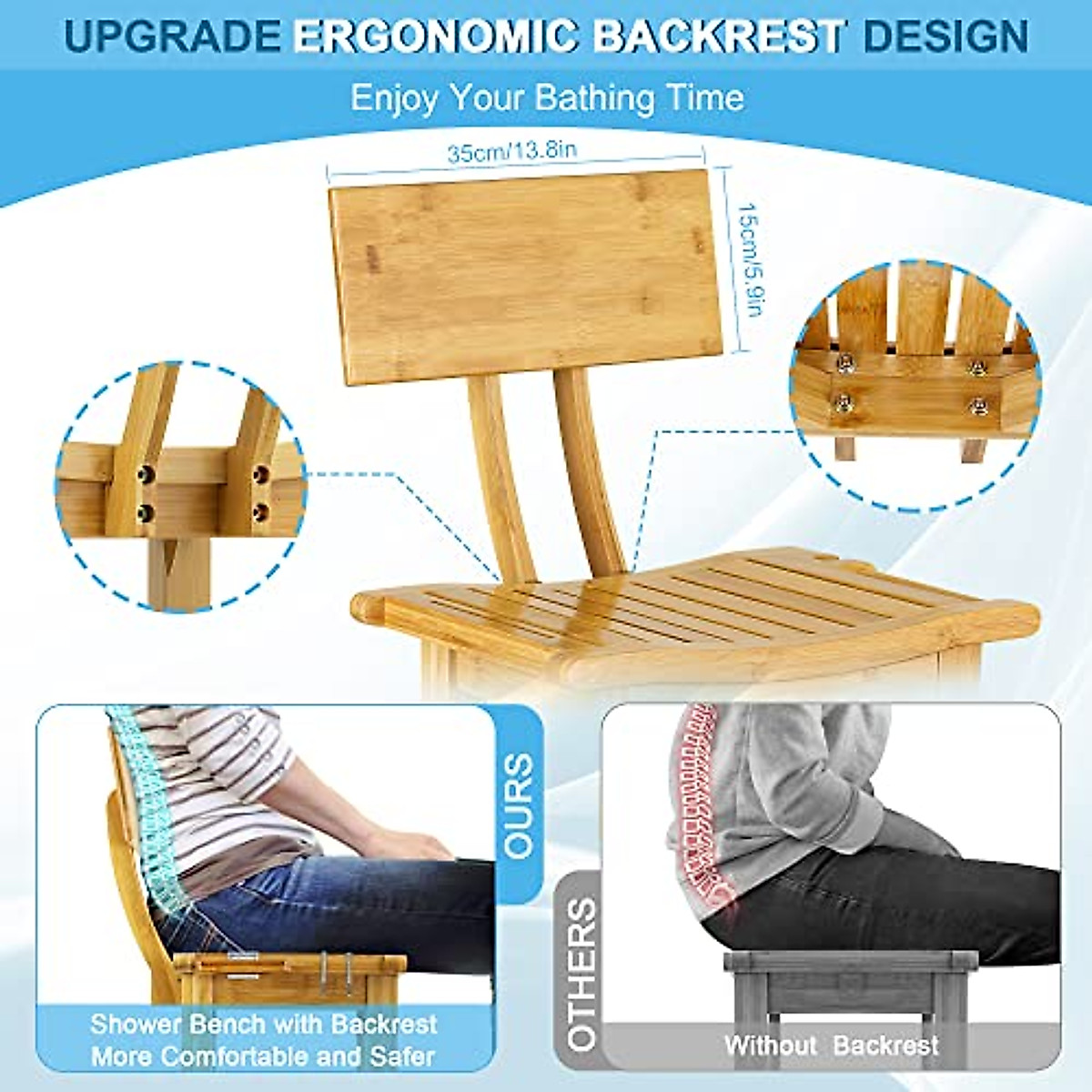 ETECHMART Bamboo Shower Bench with Back and Soap Dish, 2-Tier Shower Chair Bath Seat with Handle for Bathroom Bathtub Elderly Disabled, Waterproof Wood Spa Stool for Inside Shower Legs Shaving, Bamboo