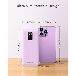 Charmast Portable Charger with Built-in Cables and AC Wall Plug, 10000mAh Ultra Slim Power Bank, External Battery Pack, Travel Accessories Compatible with iPhone 14/13, Samsung Galaxy, etc