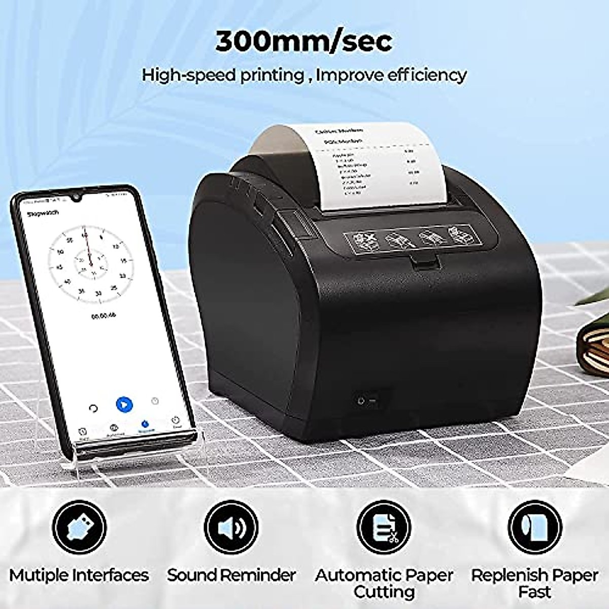 MUNBYN Bluetooth 5.0 POS Printer P047, 80mm Receipt Printer, Direct Thermal Printer with USB Serial Ethernet, Bluetooth, Android Windows PC