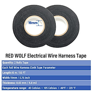 RED WOLF Wire Harness Tape Electric High Temp Wiring Cable Loom Adhesive Fabric Tape for Automobile Electrical Harness Wrap Noise Damping Protection Insulation Cable Fixed 3/4 Inch x 50 FT 2 Pack