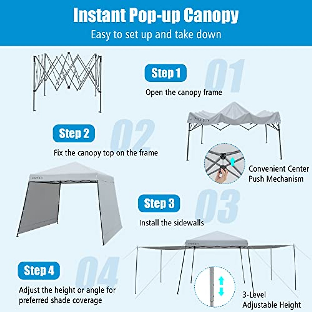 Tangkula 10x10 ft Pop Up Canopy with Dual Awnings, Outdoor Canopy Tent with Center Lock, 16 Stakes, 12 Ropes, Roller Bag, UPF50+ Easy Setup Instant Canopy with 2 Sidewalls for Camping, Patio, Market