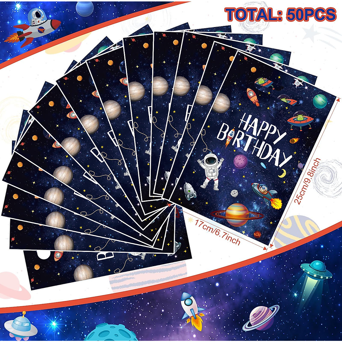 Bokon 50 Pcs Outer Space Birthday Bag Bulk Galaxy Plastic Gift Bags with Handle Planet Party Favor Bags Solar System Astronaut Candy Bags for Kids Birthday Space Theme Party Bags Supplies