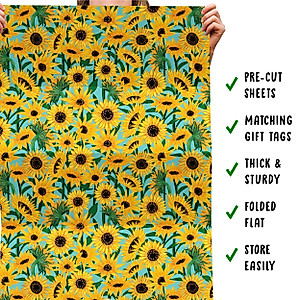 CENTRAL 23 Floral Wrapping Paper - Sunflowers Gift Wrapping Paper - Blue Yellow Boho Vintage - Bridal Shower Gift Wrap - 6 Sheets - For Women Men Birthdays Wedding Easter - Recyclable