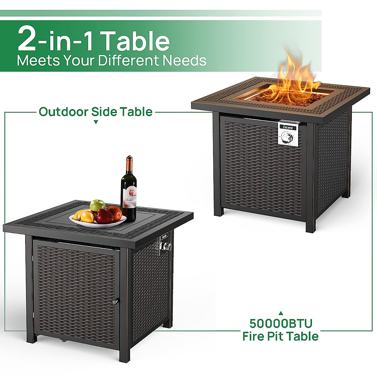 Cecarol Gas Propane Fire Pits with Lid and Lava Rock,50,000 BTU Outdoor Fire Pit Table Easy to Assemble, Steel Fire Table with ETL Certified for Outside Add Ambience to Gatherings (28In, Black)