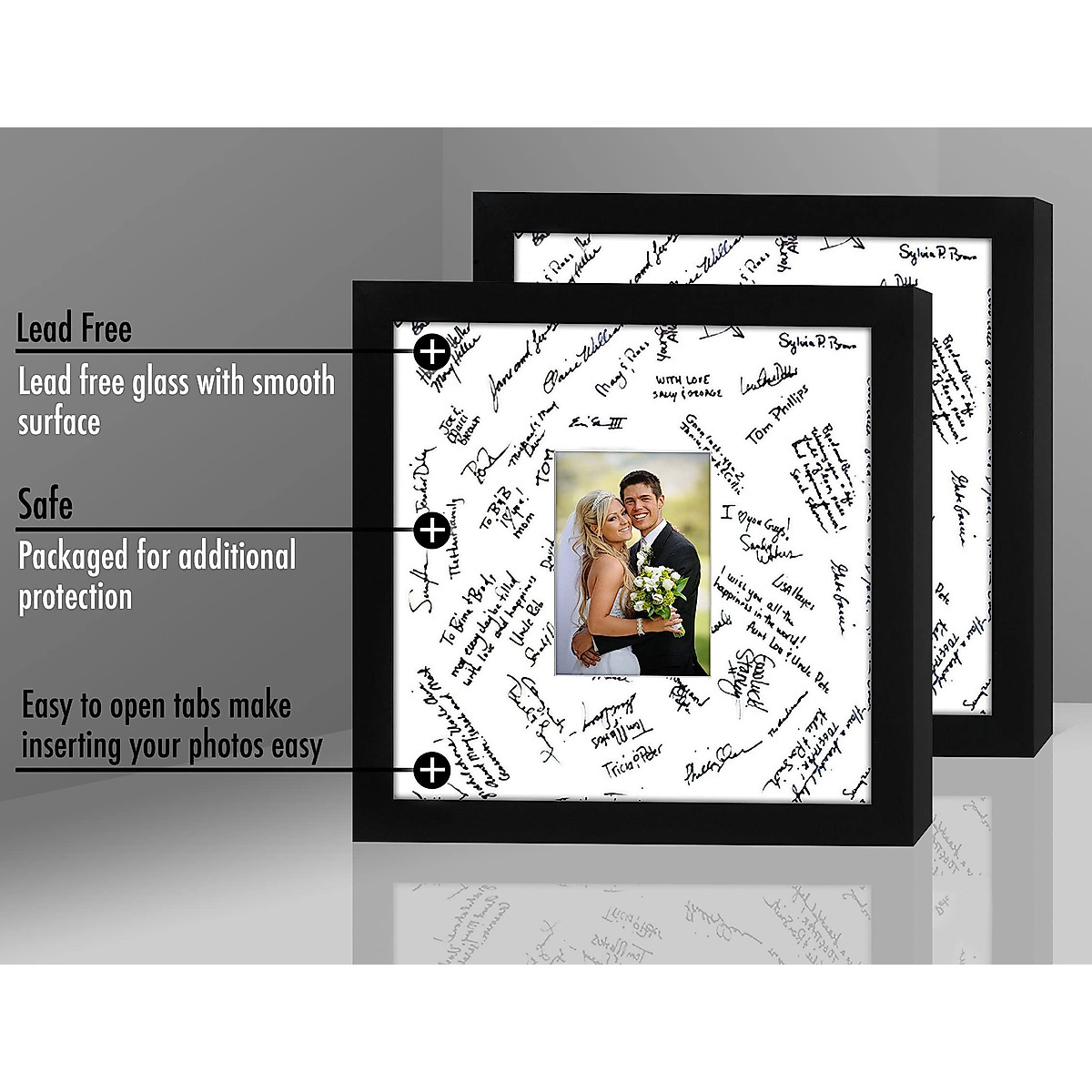 Americanflat 14x14 Wedding Signature Frame with Shatter-Resistant Glass - Set of 2 - Use as 5x7 Frame with Mat or 14x14 Without Mat - Signature Collection - Autograph Frame for Wall Display - Black