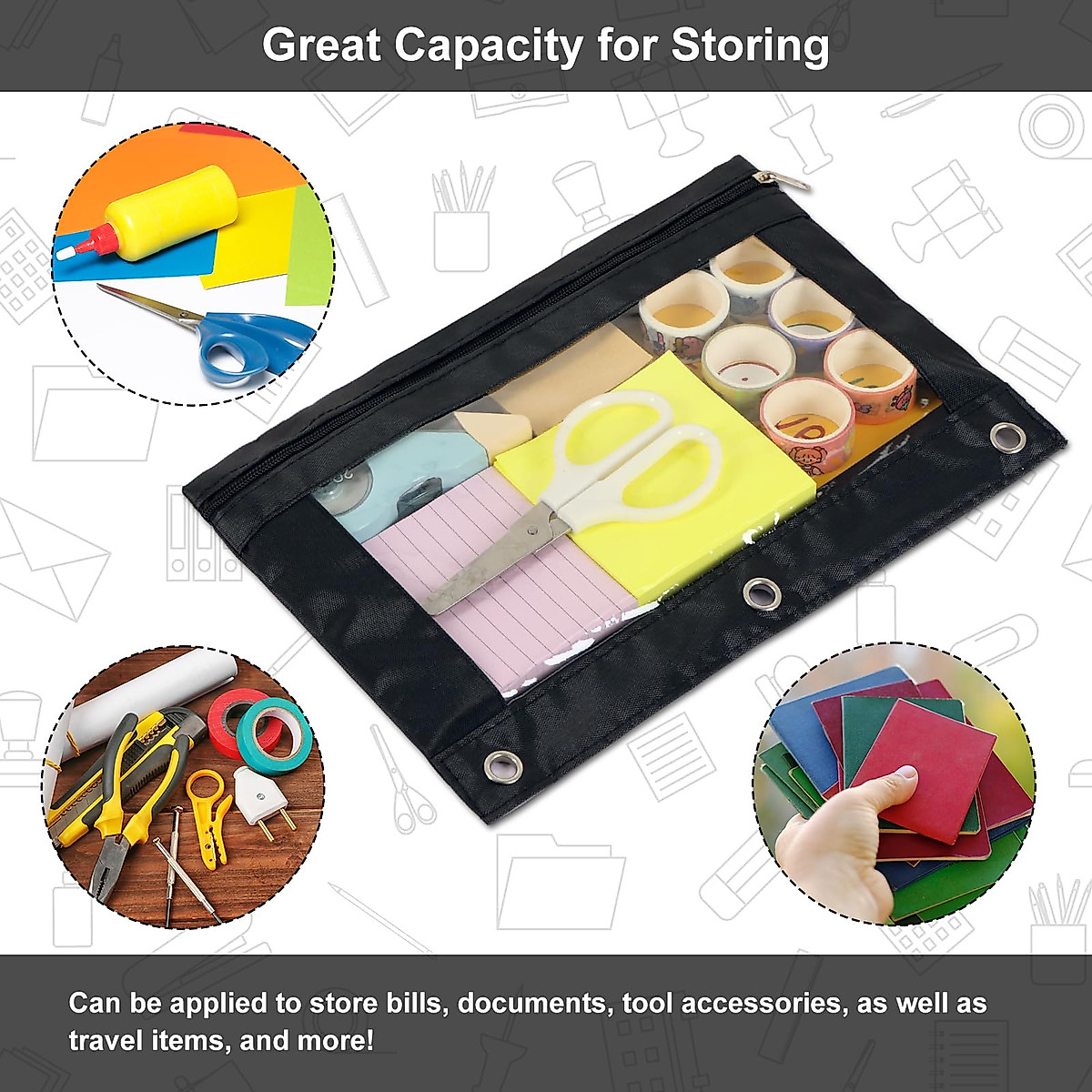 EOOUT 3 Pack Pencil Pouches for 3 Ring, Binder Pencil Pouches with Clear Window Zipper Pencil Cases for Binder (Black)