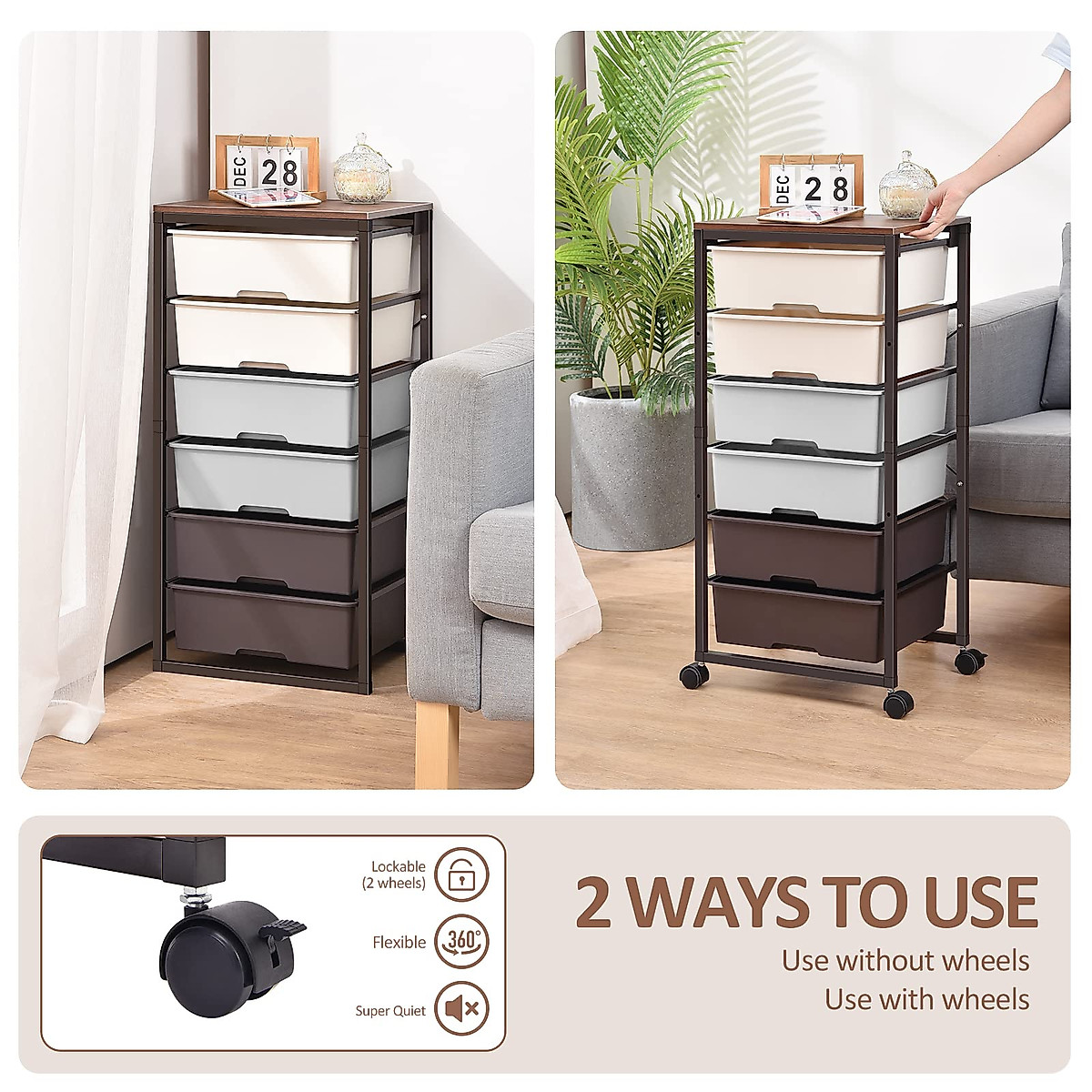 TOOLF Rolling Storage Cart with 6 Drawers, Wooden Tabletop, Easy Movement, Large Capacity, Durable Construction & Colorful Style in Black Bar