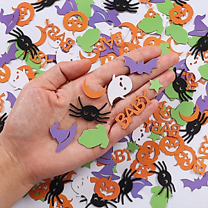 Halloween Baby Shower Confetti Orange Purple Green Black Party Table Scatter Confetti Baby Wear Spider Pumpkin Bat Hat Ghost Moon Star Table Decor for Halloween Baby Shower Party 200 PCS