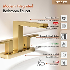 INDARE 2 Handle Centerset Bathroom Faucet， Gold Bathroom Faucets for Sink 3 Hole， 4-Inch Bathroom Sink Faucet， Bathroom Faucets with Pop-Up Drain & Supply Lines， Brushed Gold，110107-BG-1