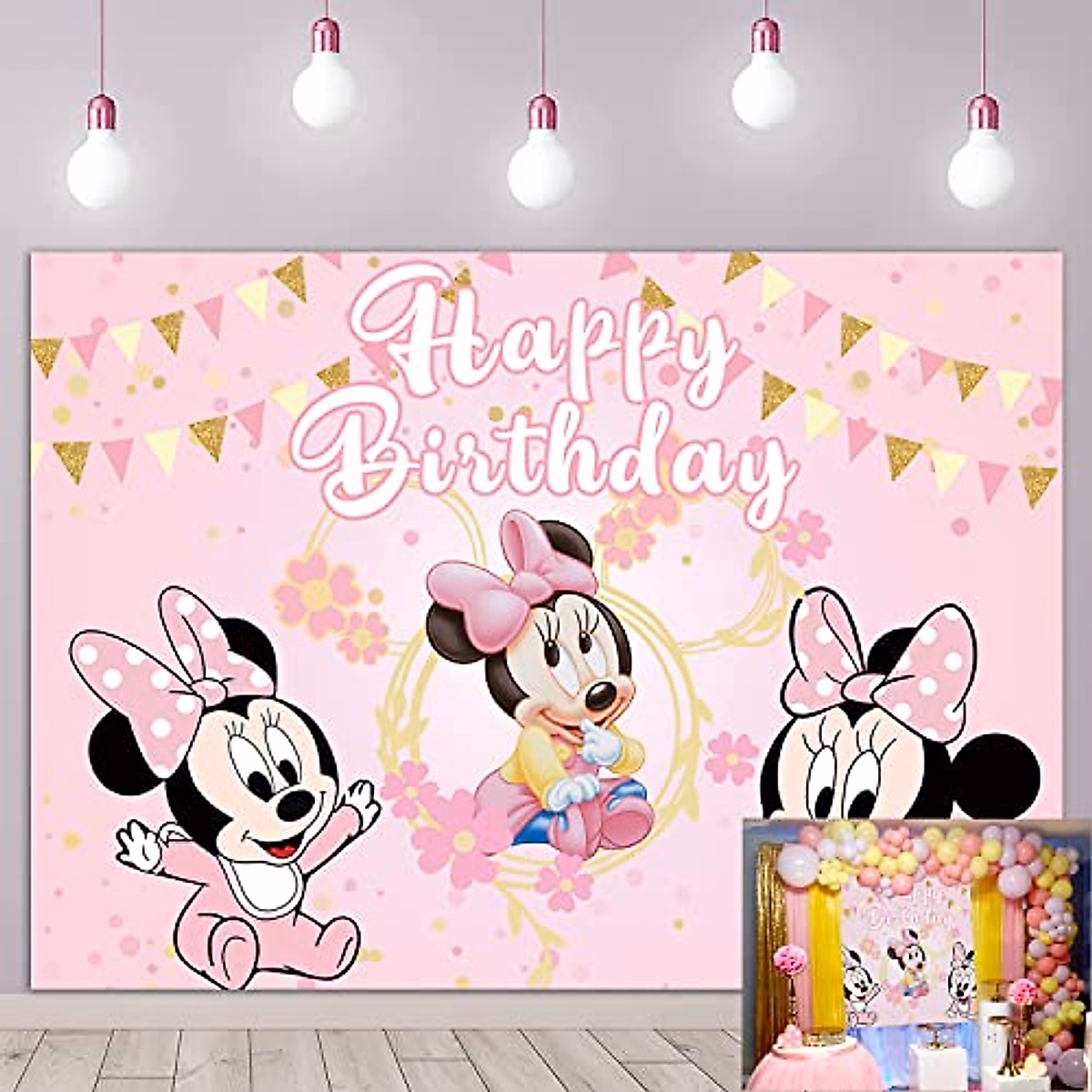 Cartoon Baby Mouse Backdrop Kids 1st 2nd Birthday Pink Mouse Theme Party Photography Backdrop Girls Baby Shower Cake Table Decoration Background (7x5ft)