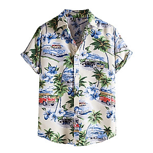 Floerns Men's Casual Tropical Print Button Down Short Sleeve Hawaiian Shirt White Car L