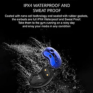 eDealz Fully Wireless Bluetooth 5.1 Rechargeable IPX4 Waterproof Sweatproof Earbud Headphones with Microphone, Micro USB LCD Clock Charging Case Surround Stereo Bass and Noise Cancelling Calls (Blue)