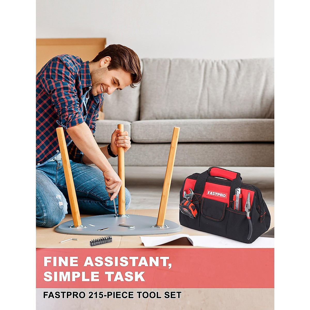 FASTPRO 215-Piece Home Repairing Tool Set with 12-Inch Wide Mouth Open Storage Bag,Household Hand Tool Kit,Red