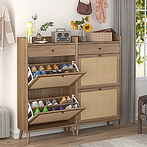 Goujxcy Natural Rattan Shoe Cabinet with 2 Flip Drawers, Farmhouse Shoe Storage Cabient for Heels, Boots, Slippers, Slim Wood Freestanding Shoe Rack Organizer for Entryway, Hallway, Bedroom,Walnut