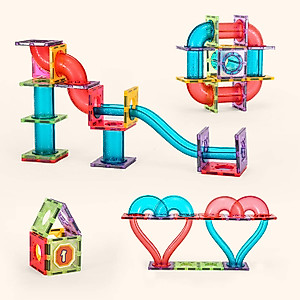 FUNTECH Magnetic Tiles, Magnetic Pipe Blocks, Marble Run STEM Building Set, 110Piece, GIft for Children Boys and Girls