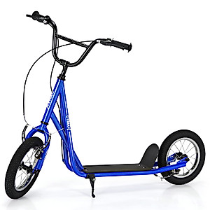 GYMAX Scooter, Kids & Adults Off-Road Scooter with 12" Inflatable Wheels, Adjustable Height Handlebar, V-Type Handbrakes & Axle Pegs for All Terrain, 8+ (Blue)