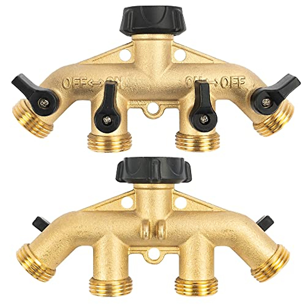Hourleey Brass 4 Way Heavy Duty Garden Hose Splitter, Water Hose Splitter for 3/4" Hose Connector, Hose Faucet Splitter Hose Spigot Adapter 4 Valves with 4 Rubber Washers & Tape