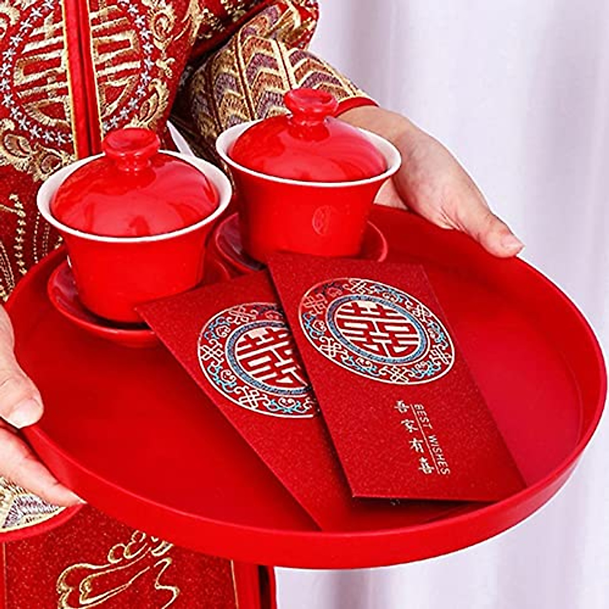 ygqzm Chinese Traditional Red Xi Tray Tea Tray Wedding Toast Tray Snack Tray Fruit Tray Wedding Banquet Festive Supplies (Color : D, Size : 27cm)