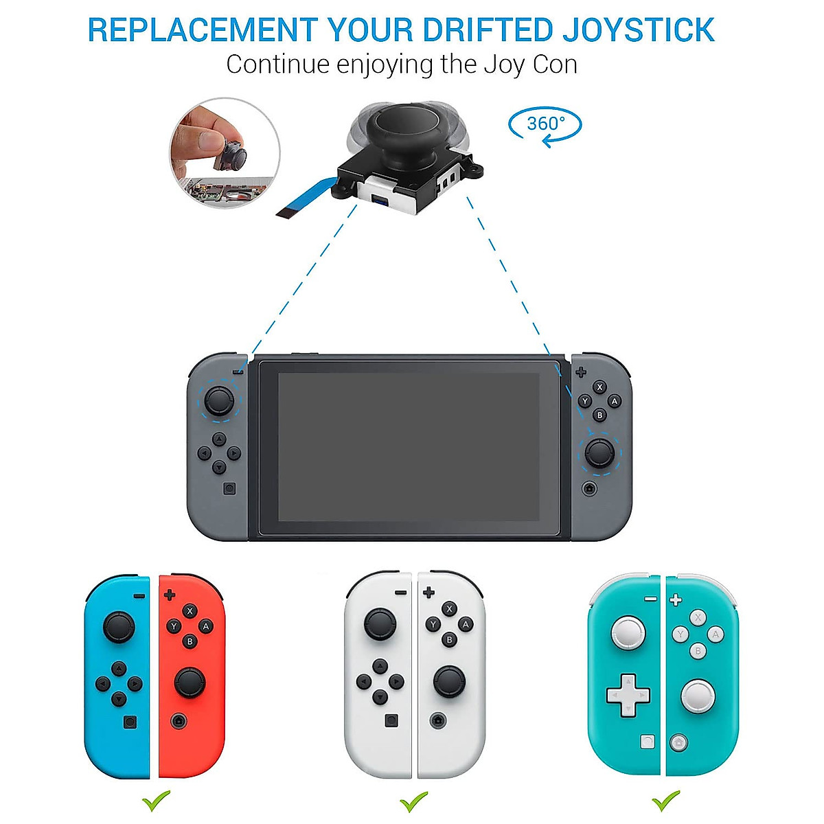 3D Replacement Joystick Analog, Thumb Stick for Nintendo Switch, 2-Pack Analog Joystick Replacement with 2pcs Thumb Stick Caps & Screws (Black)