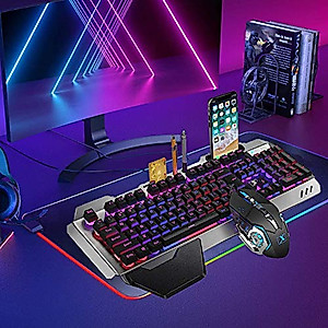 FELiCON Wired Game Keyboard and Mouse Combo, RGB LED Backlit Mechanical Feel Keyboard with Hand Rest Phone Holder,and 6 Button 3200 DPI Mice and Large RGB Mouse Pad for Computer Gamer Office