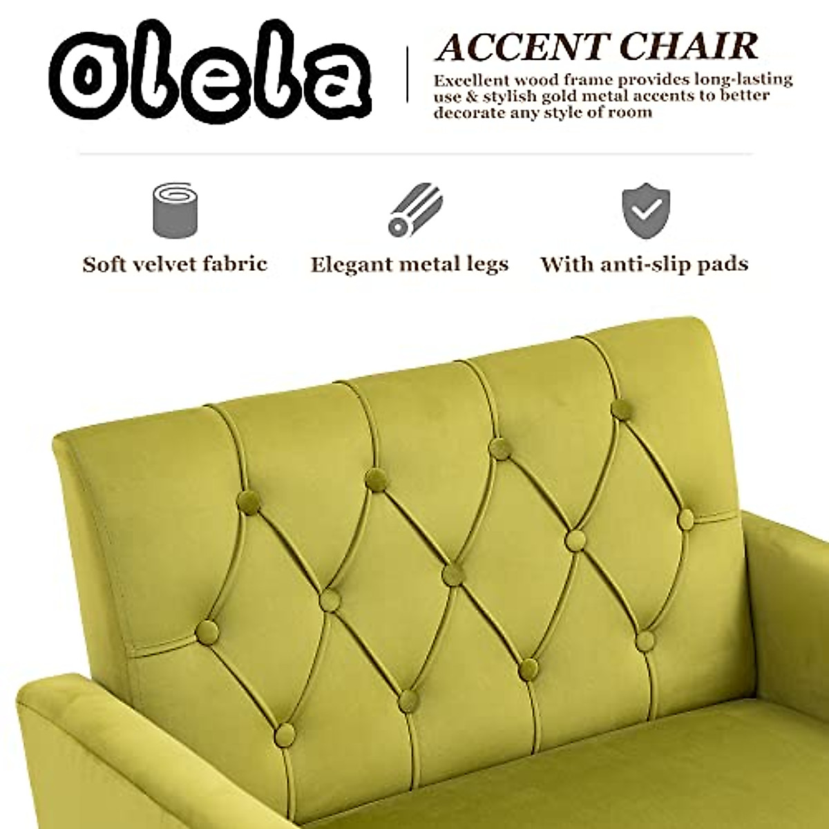Olela Accent Chair Set of 2,Velvet Armchair Single Sofa Modern Tufted Upholstered Side Reading Chairs with Arm and Gold Metal Leg for Living Room Bedroom Club Nursery Office Decorate(2, Olive Green)