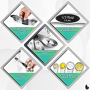 Urbanstrive Magnetic Measuring Spoons Set Stainless Steel, Dual Sided for Liquid Dry Food, Measuring Cups Spoons Set Fits in Spice Jar, Kitchen Gadgets, Cooking Utensils Set, Including Leveler, Silver