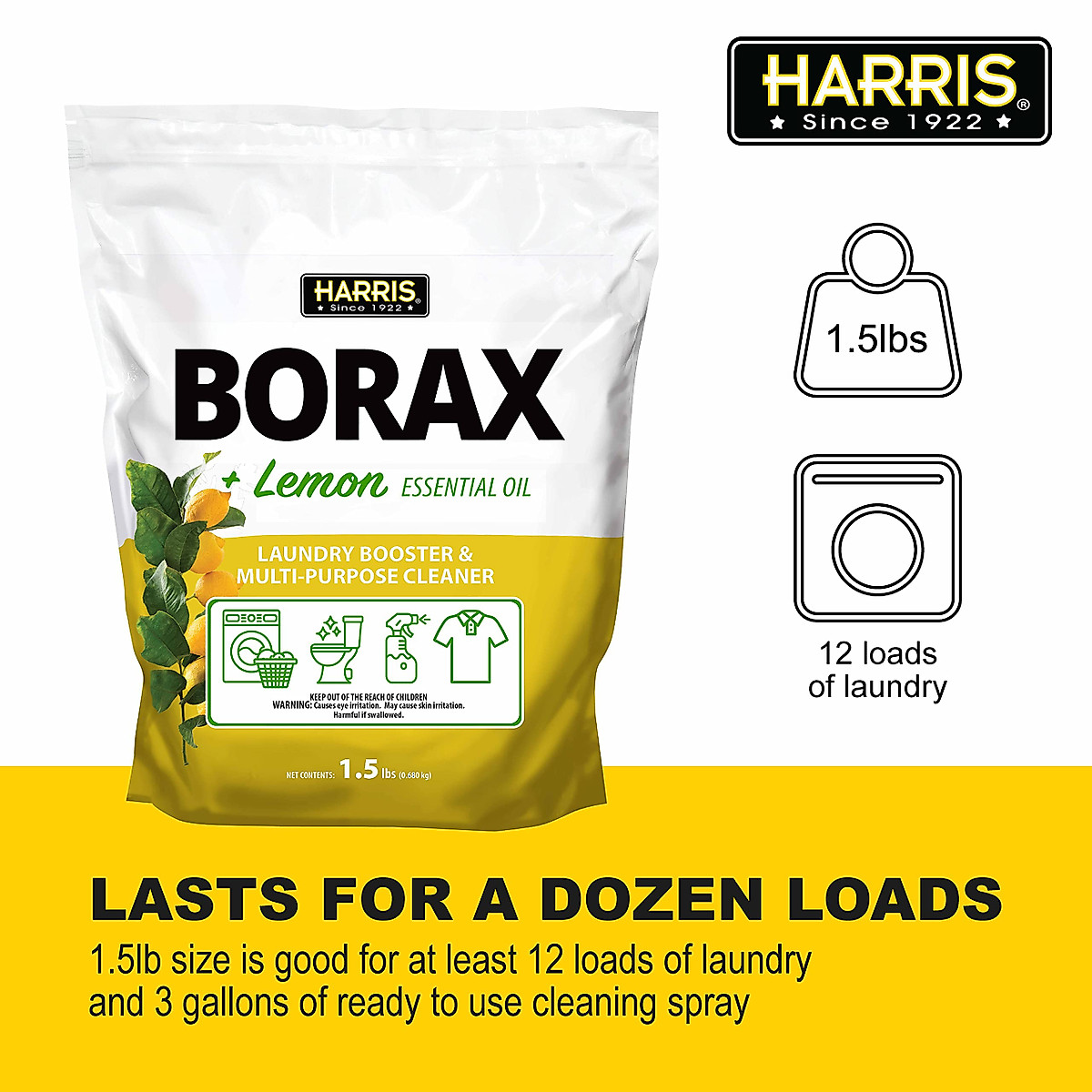 Harris Borax Powder Laundry Booster and Multipurpose Cleaner, 1.5lb (Lemon)