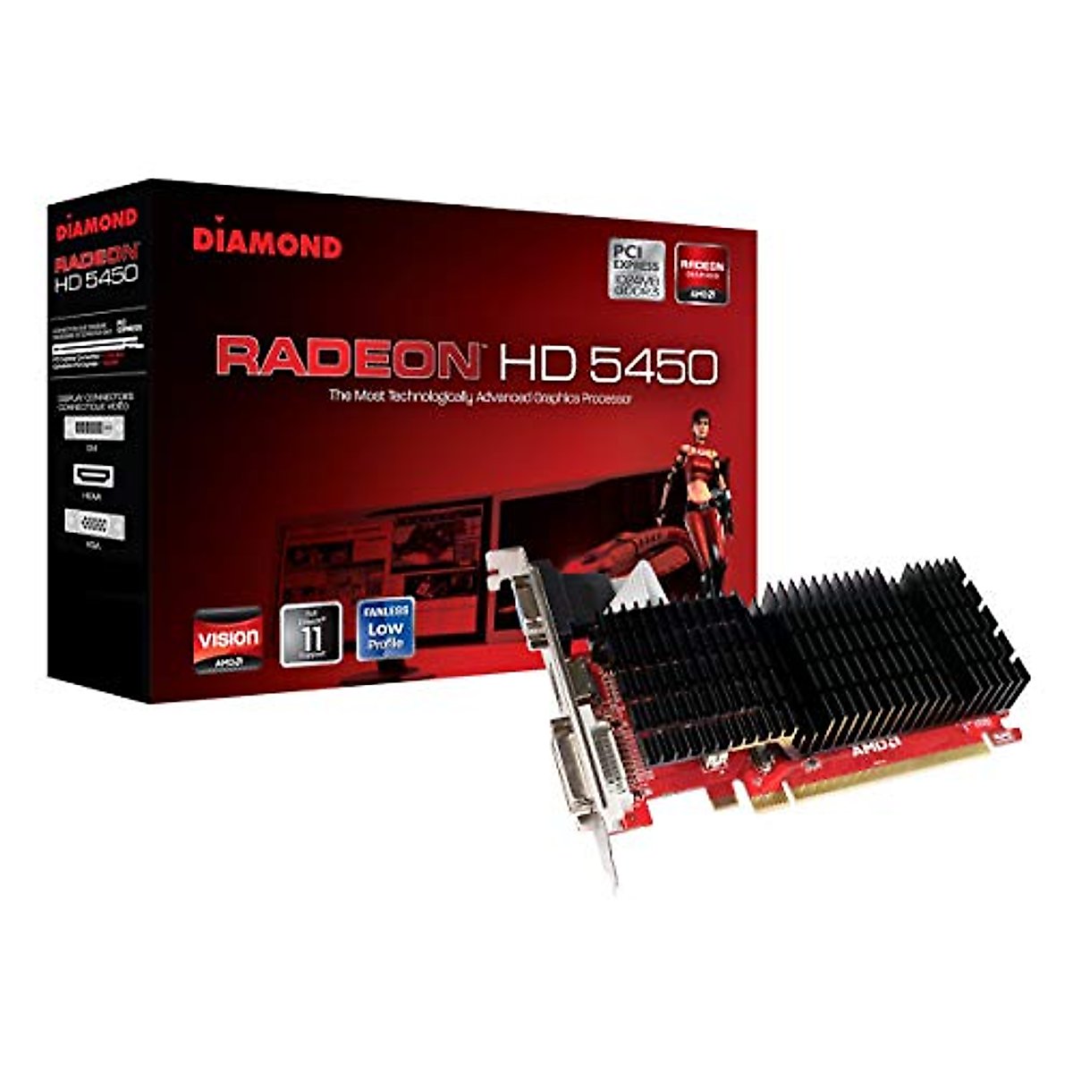 Diamond Multimedia AMD Radeon HD 5450 PCIe GDDR3 1GB Dual Monitor Support(DVI, HDMI, VGA) Low Profile Enhanced Fanless Heatsink,Low Profile,Full Height Bracket included Video Graphics Card (5450PE31G)