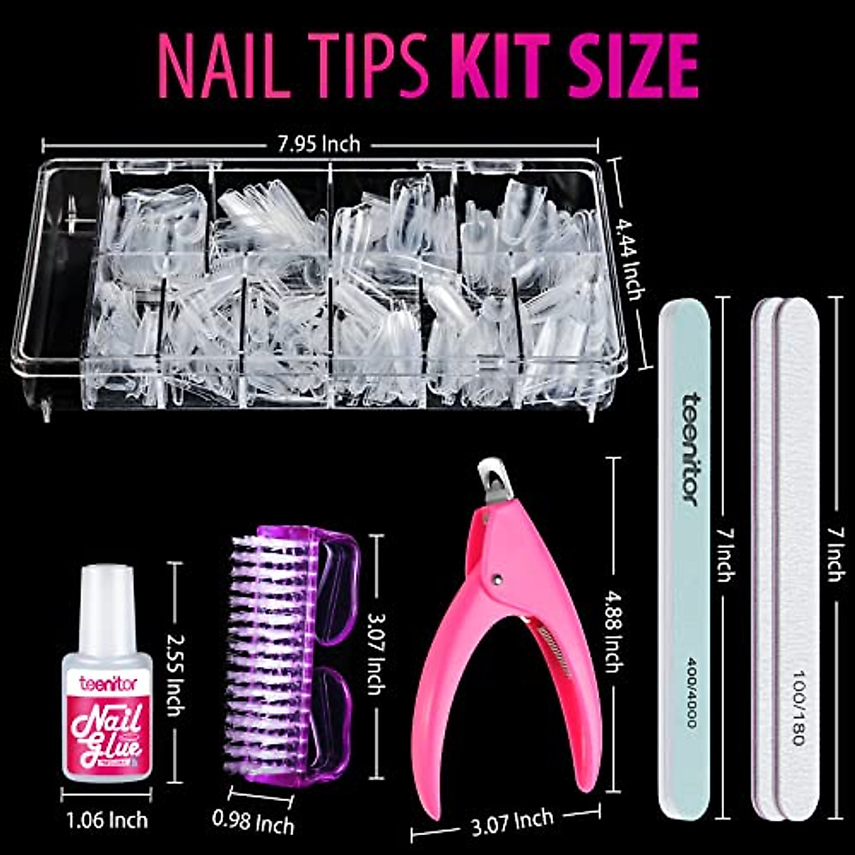 Clear Coffin Nail Tips Set, Teenitor Long Acrylic Nail Tip Full Cover Clear Press On Nails, 600pcs Ballerina False Nails Tips With Nail Glue, Acrylic Nail Clipper Files And Buffer Polisher Nail Brush for Beginners