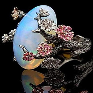 shiYsRL Exquisite Jewelry Ring Love Rings Vintage Women Faux Opal Plum Blossom Flower Two Tone Finger Ring Jewelry Gift Wedding Band Best Gifts for Love with Valentine's Day - US 6