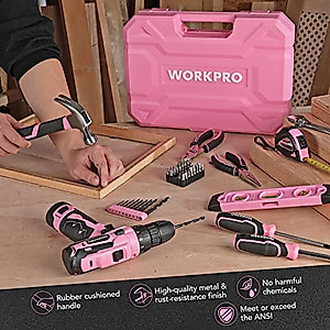 WORKPRO Pink Tool Set with Power Drill, 108PCS Portable Ladies Pink Drill Kit for Home with Toolbox including Pink Hammer, 1.5 Ah Cordless Hand Drills with Keyless Chuck and Variable Speed Trigger