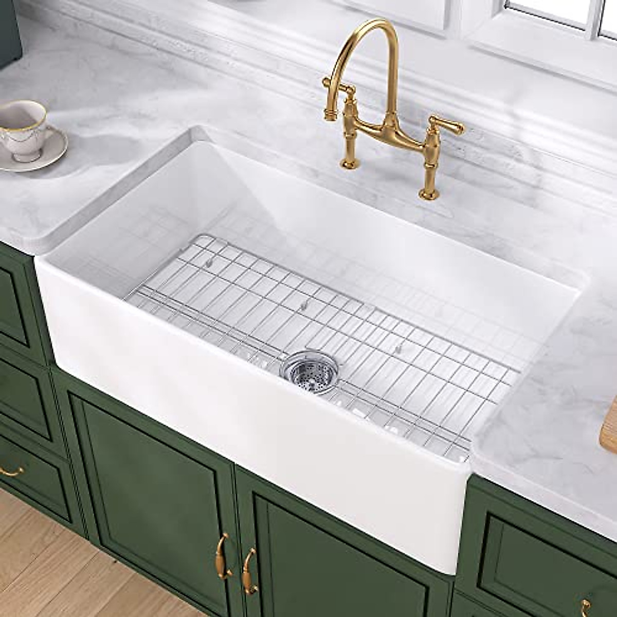 TUKTUK White Farmhouse Sink 36 Inch Fireclay Apron Front Single Bowl Kitchen Sinks Deep Drop In Farm Sink Undermount Luxury Bottom Grid & Strainer Drain Included