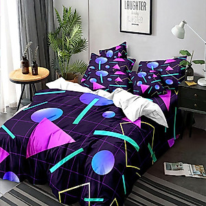 Geometric Duvet Cover Set Queen Include 1 Duvet Cover 2 Pillowcases Vaporwave 80'S Style Retro 1980S Neon Party Geometric Graphic Comforter Cover Microfiber Soft Bedding Sets