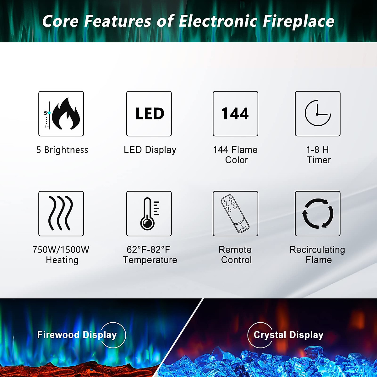 Jolydale Electric Fireplace 50 inch Wall Mounted and Recessed with Remote Control and Touch Panel Control, Timer,12-Level Adjustable Flame Colors and Speed