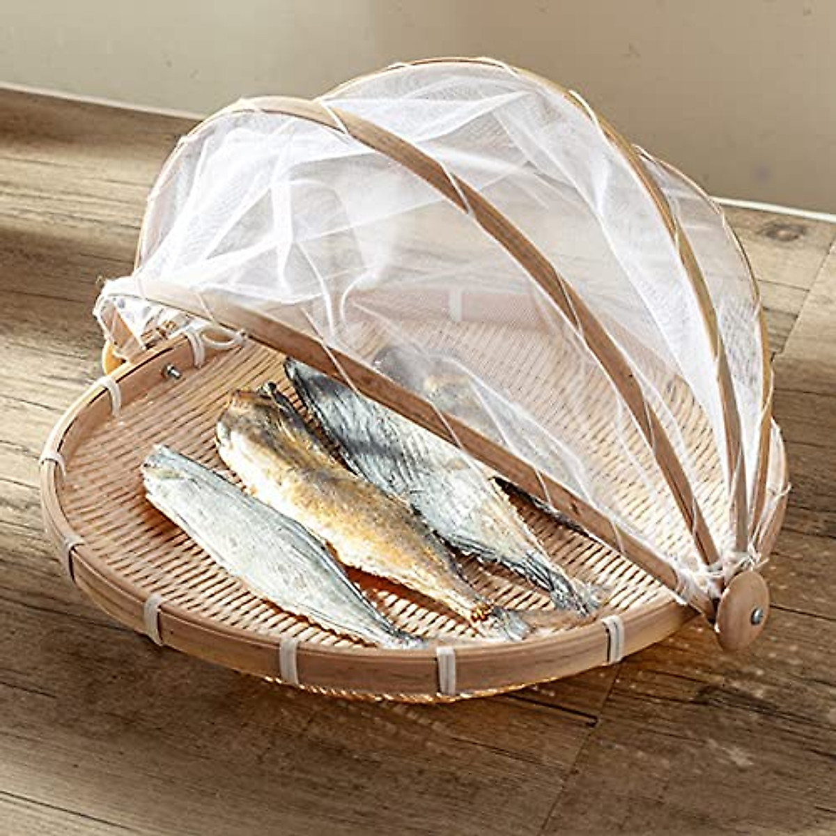 Serving Baskets Covered Round Bamboo Serving Food Tent Basket Bread Storage Container with Mesh Food Nets Fruit Cover